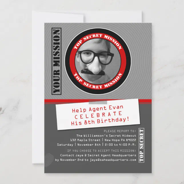 Secret Agent Custom Photo Birthday Invitation | Zazzle