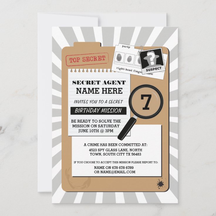 SECRET AGENT DETECTIVE CRIME SPY BIRTHDAY PARTY INVITATION | Zazzle