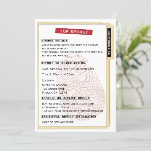 Secret Agent Spy Mission File Birthday Party Invitation | Zazzle