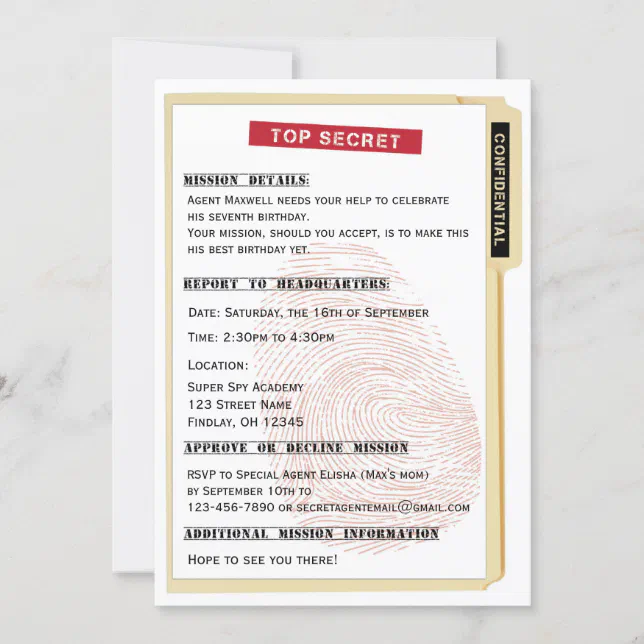 Secret Agent Spy Mission File Birthday Party Invitation | Zazzle