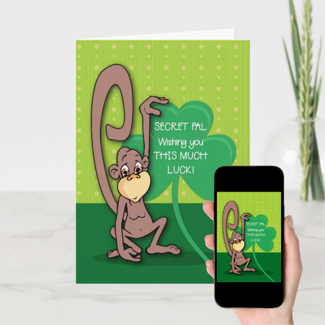 Secret Pal St. Patrick's Day Monkey with Shamrock Card | Zazzle
