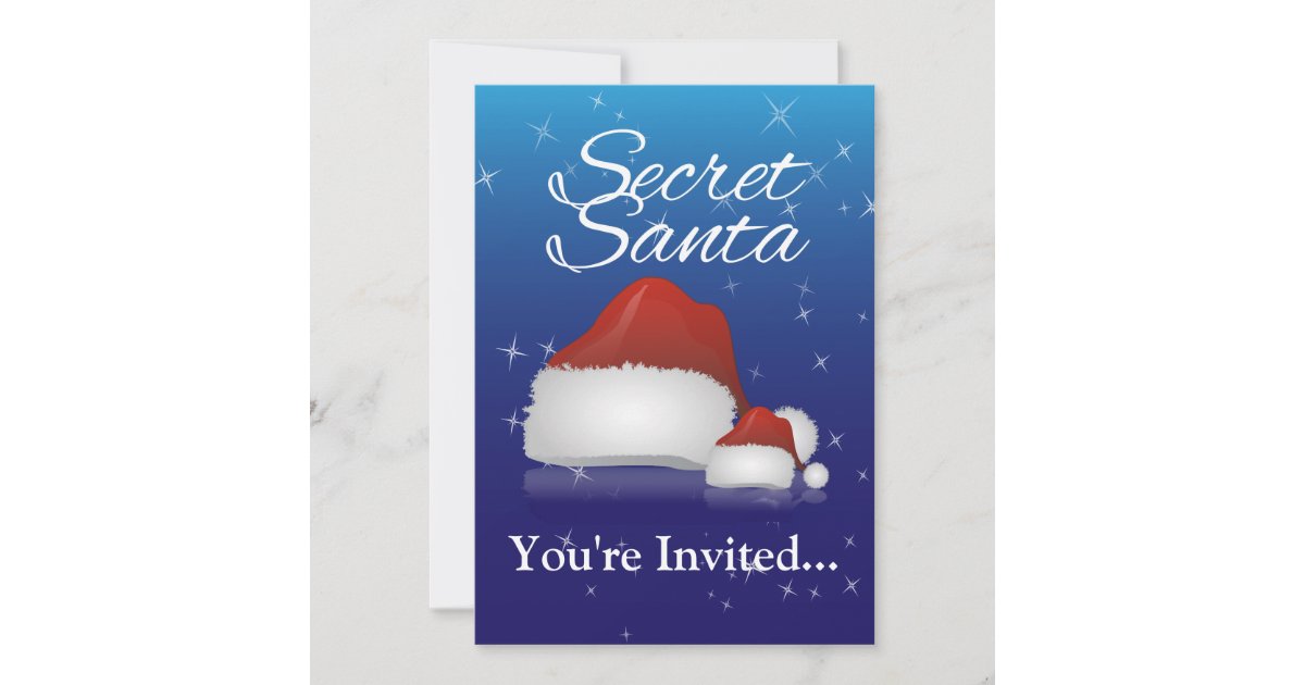 Secret Santa, Blue/Hat Invitation | Zazzle