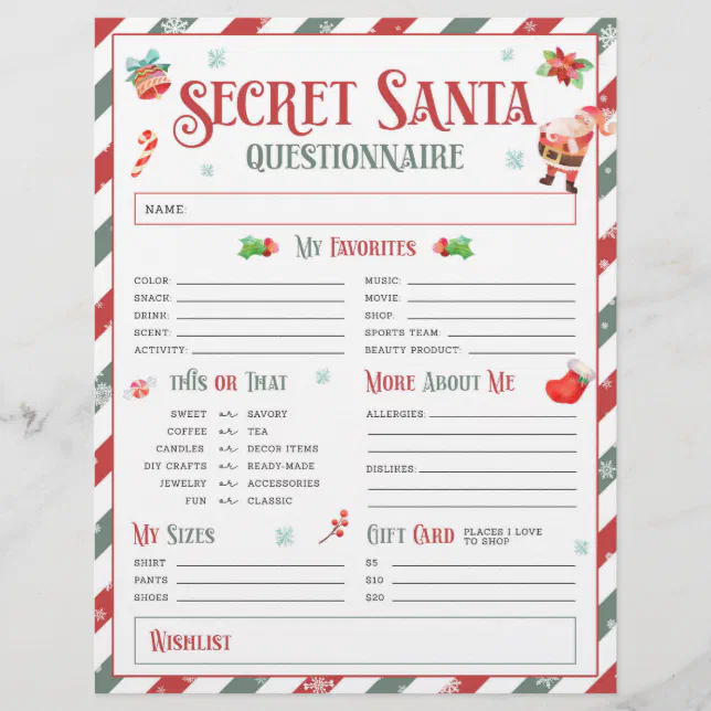 Secret Santa Christmas Gift Exchange Questionnaire Flyer | Zazzle