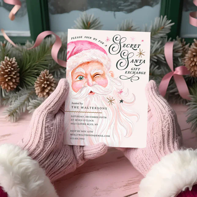 Secret Santa Gift Exchange Retro Pink Santa Claus Invitation | Zazzle