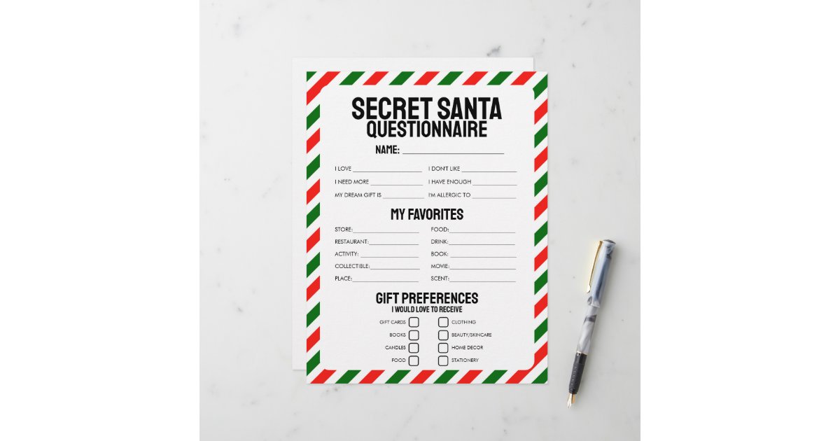 Secret Santa Gift Questionnaire | Zazzle