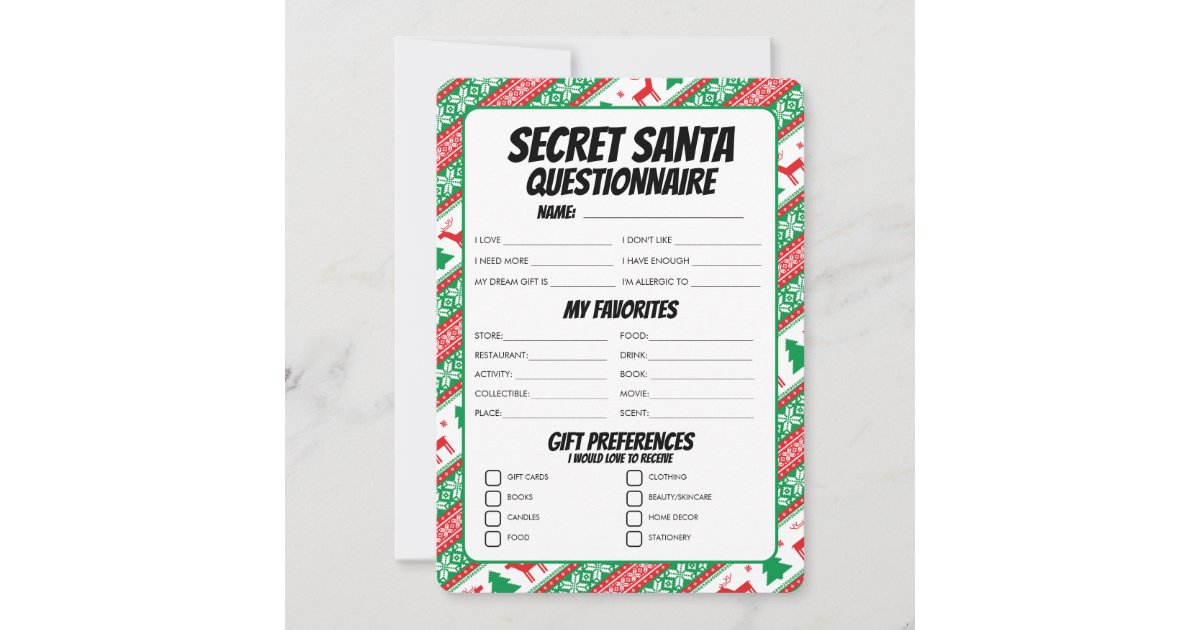 Secret Santa Gift Questionnaire Holiday Card | Zazzle