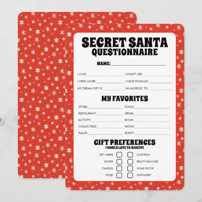 Secret Santa Gift Questionnaire Holiday Card | Zazzle
