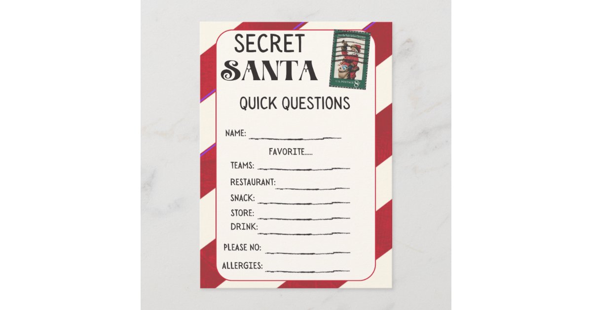 Secret Santa Questionnaire Cards | Zazzle