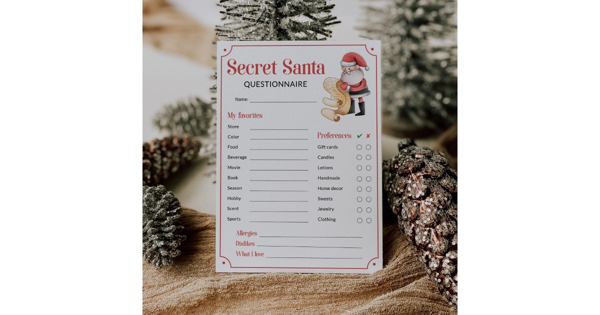 Secret Santa Questionnaire for Gift Exchange Card | Zazzle