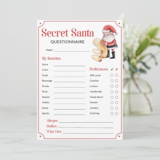 Secret Santa Questionnaire for Gift Exchange Card | Zazzle