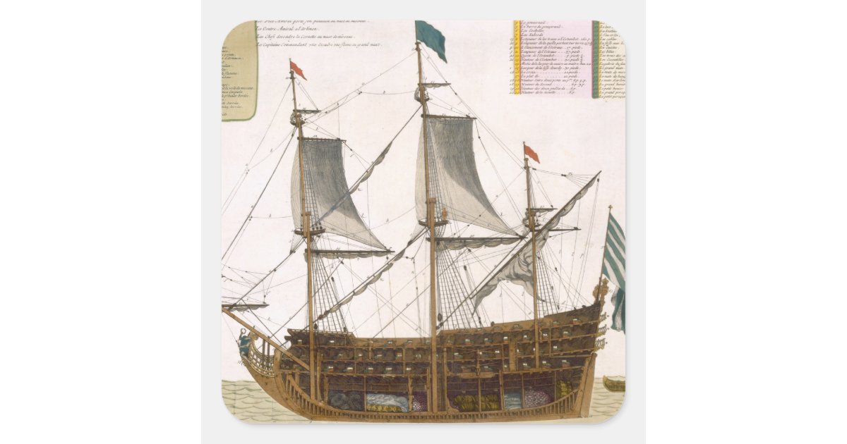 Section through a French first-rate ship of 104 ca Square Sticker | Zazzle