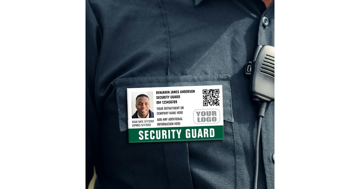 Security Guard ID Photo Name Logo QR Green Name Tag | Zazzle