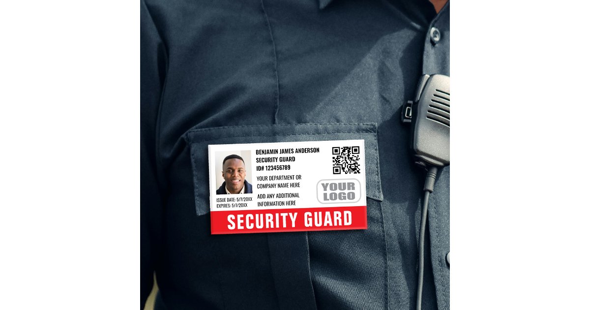 Security Guard ID Photo Name Logo QR Red Name Tag | Zazzle