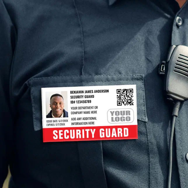 Security Guard ID Photo Name Logo QR Red Name Tag | Zazzle
