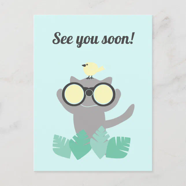 See You Soon Reminder Postcard with Cat and Bird | Zazzle
