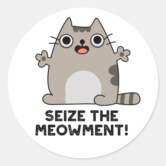Seize The Meow-ment Funny Positive Cat Pun Classic Round Sticker | Zazzle