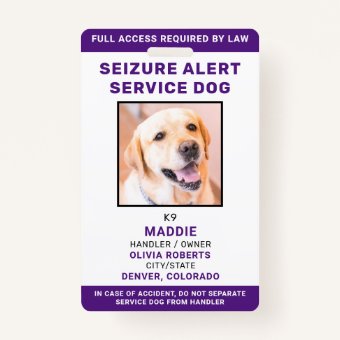 Seizure Alert Personalized Service Dog ID Photo Badge | Zazzle