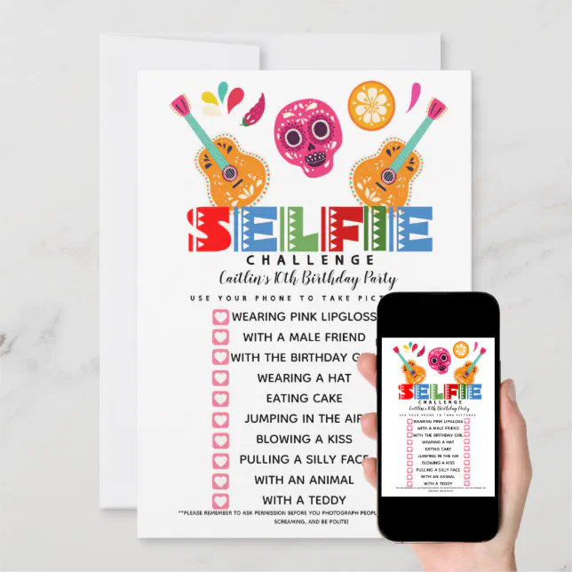 Selfie Challenge game Birthday party fiesta Invitation | Zazzle Selfie Challenge game Birthday party fiesta Invitation | Zazzle