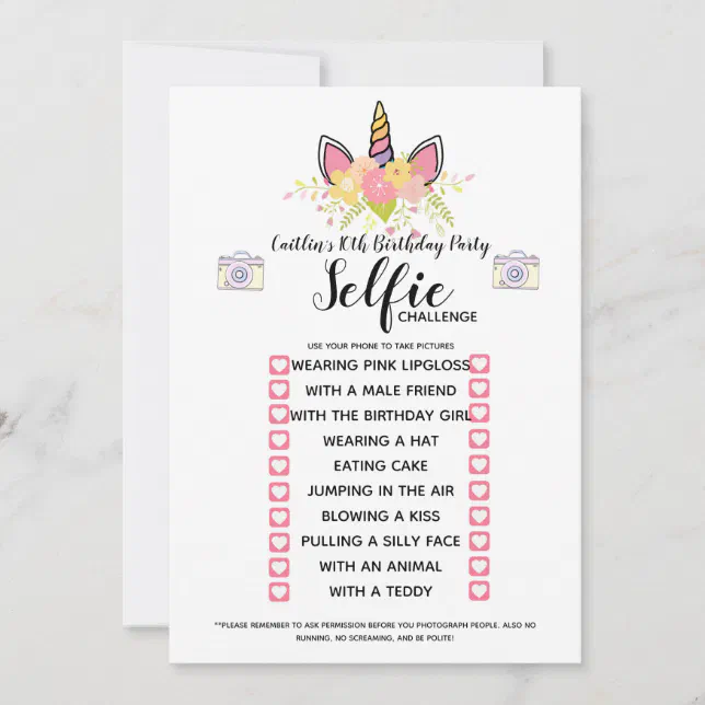 Selfie Challenge game Birthday party Invitation | Zazzle