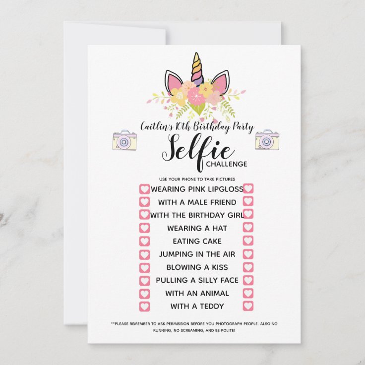Selfie Challenge game Birthday party Invitation | Zazzle