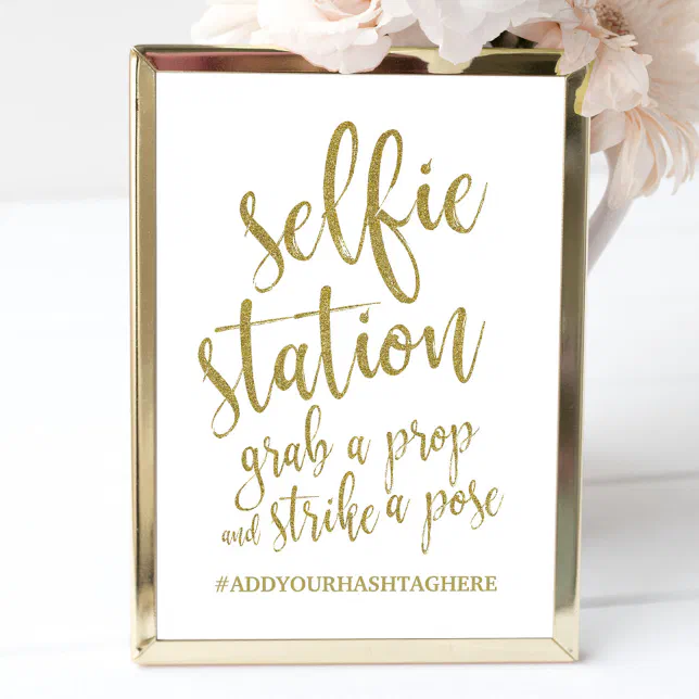 Selfie Station Glitter Gold Affordable Sign Invitation | Zazzle