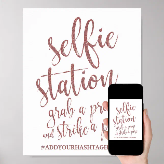 Selfie Station Rose Gold Glitter 8x10 Wedding Sign | Zazzle