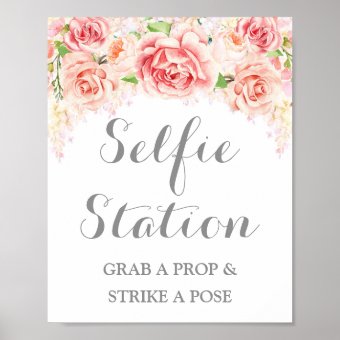 Selfie Station Wedding Sign Pink Watercolor Floral | Zazzle