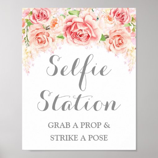 Selfie Station Wedding Sign Pink Watercolor Floral | Zazzle