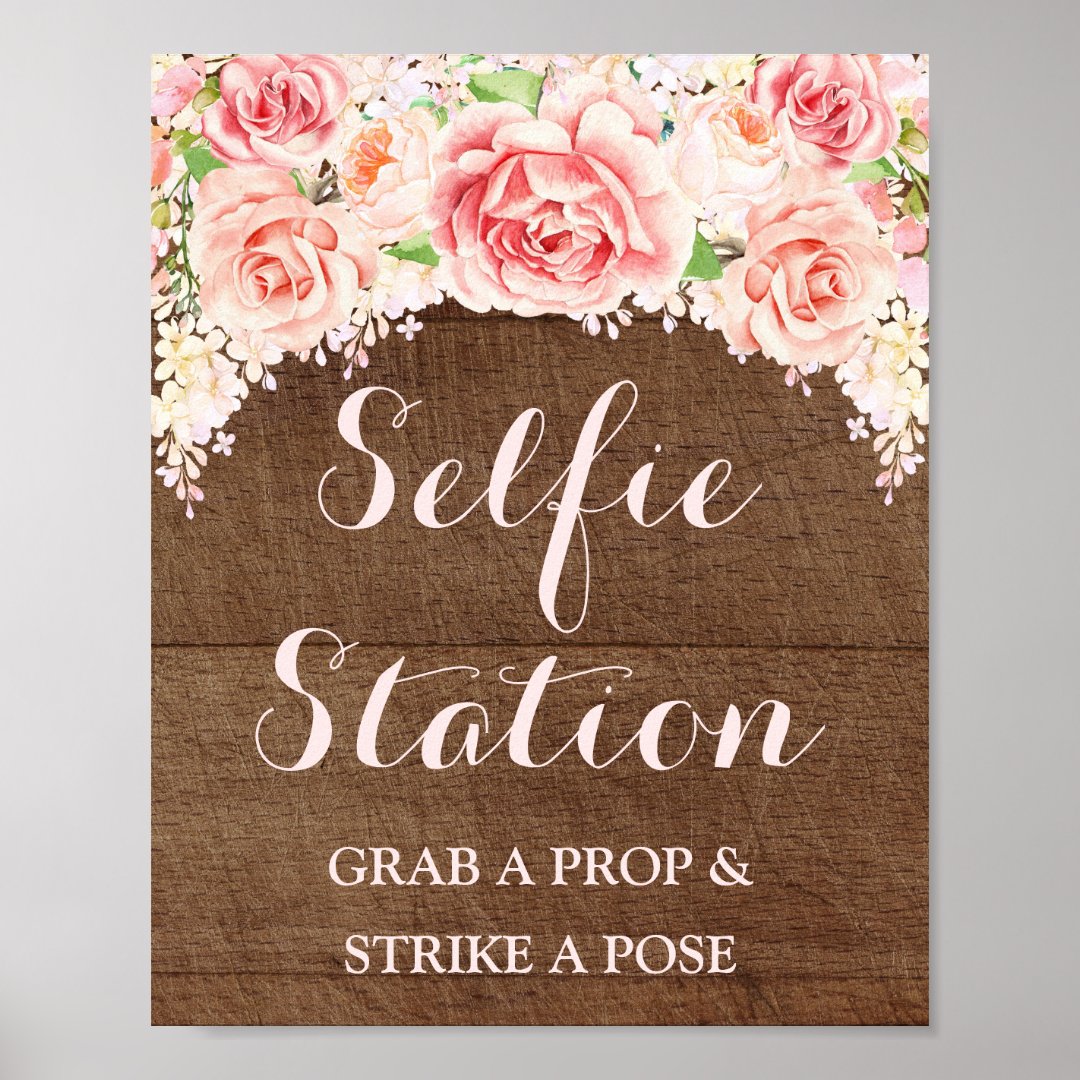 Selfie Station Wedding Sign Pink Watercolor Wood | Zazzle