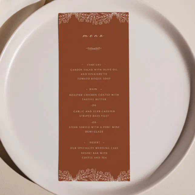 Semi Floral Burnt Orange Wedding Dinner Menu | Zazzle