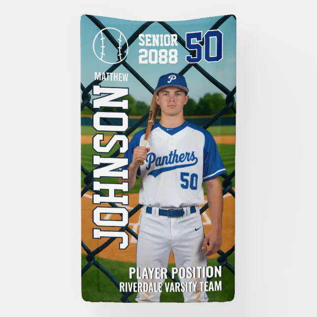 Senior Baseball Team Player Customize Sports Photo Banner | Zazzle