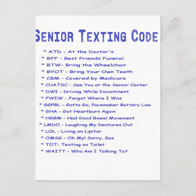 Senior Texting Code Postcard | Zazzle