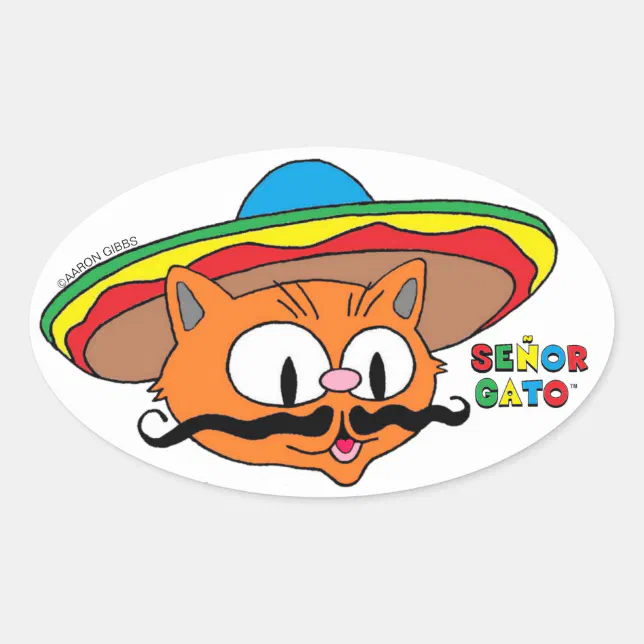 Senor Gato Cartoon Mustache Cat Oval Sticker | Zazzle