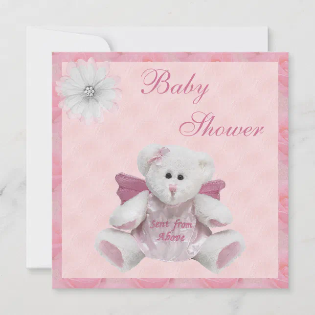 Sent From Above Angel Teddy Pink Baby Shower Invitation | Zazzle