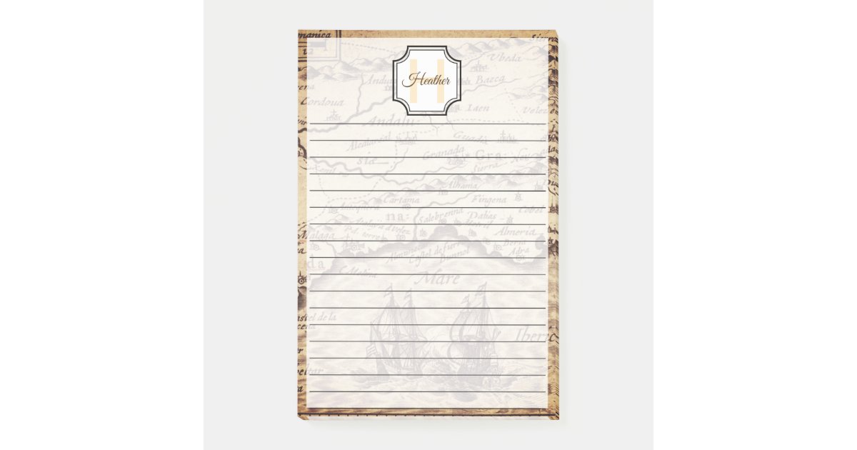Sepia Vintage Map Initial Monogram Custom Name Post-it Notes | Zazzle