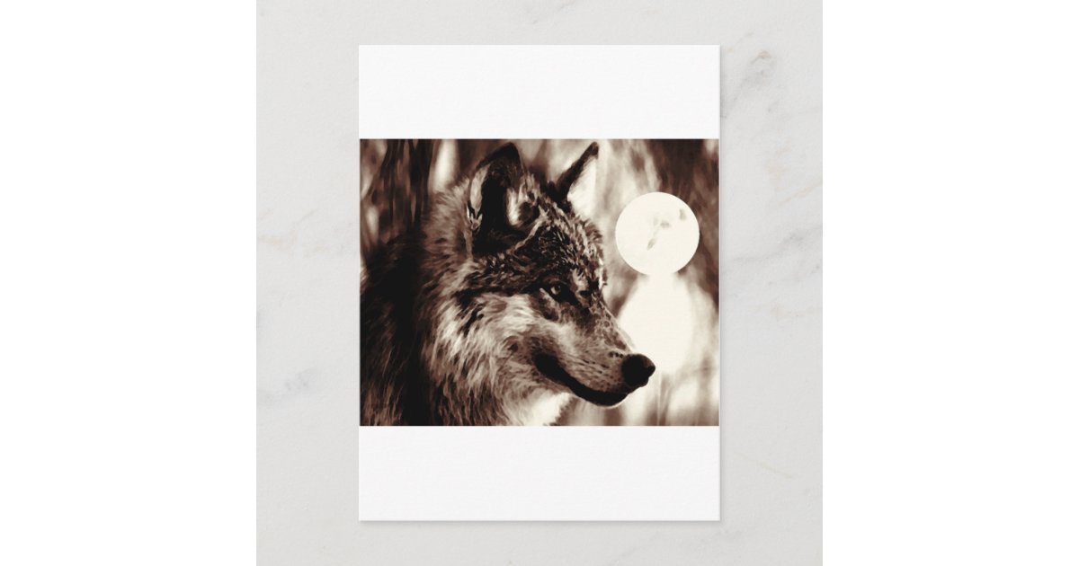 Sepia Wolf & Moon Postcard | Zazzle