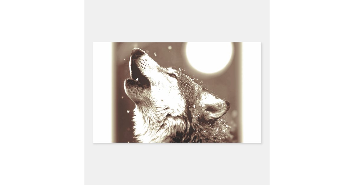 Sepia Wolf & Moon Rectangular Sticker | Zazzle