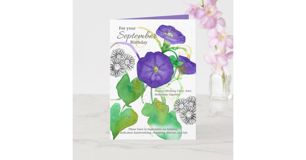 September Birthday Morning Glory Asters Botanical Card | Zazzle