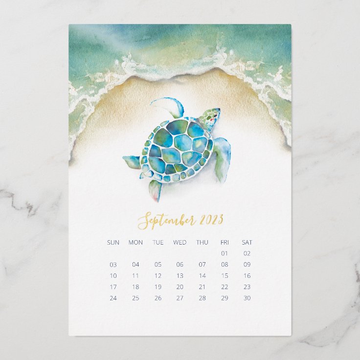 September Desktop Calendar Sea Turtle Foil Holiday Card | Zazzle