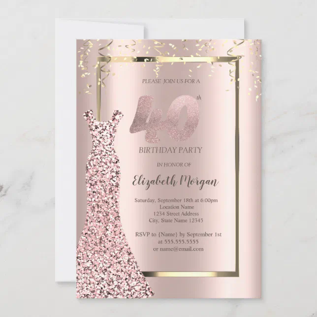 Sequins Dress Rose Gold 40th Birthday Invitation | Zazzle