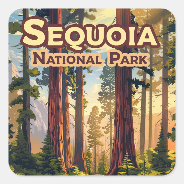 Sequoia National Park California Tree Retro Square Sticker | Zazzle