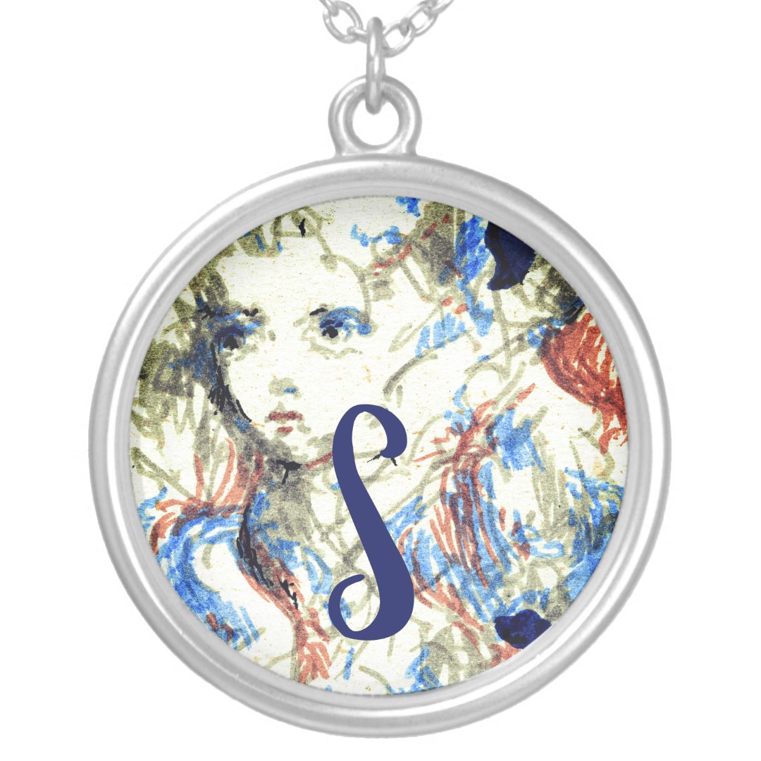 Seraph Ink Pen Drawing with your letter Silver Plated Necklace | Zazzle