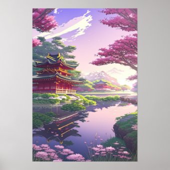 Serene Beauty, Japanese Temple by the Calm River Poster | Zazzle