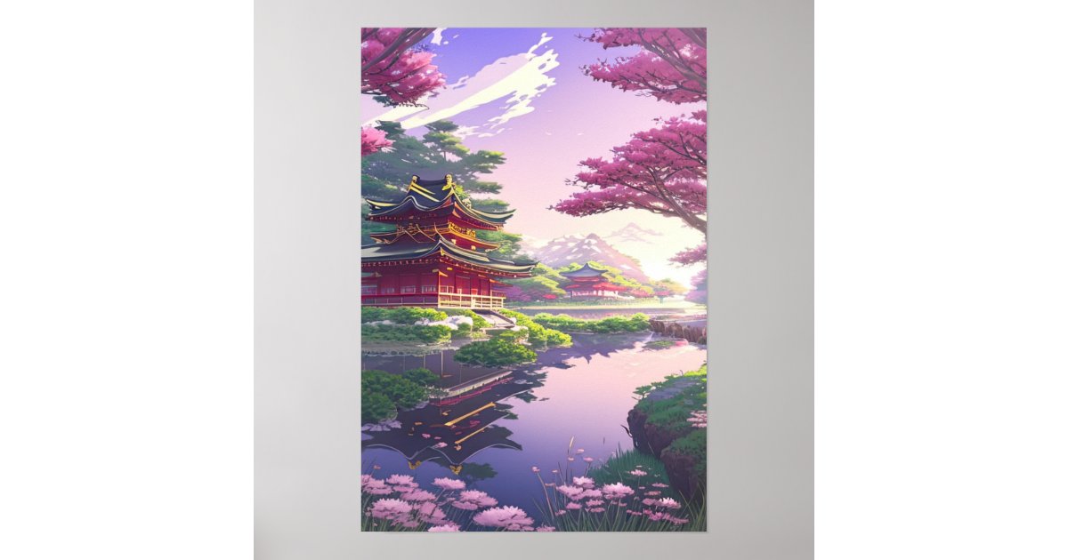 Serene Beauty, Japanese Temple by the Calm River Poster | Zazzle