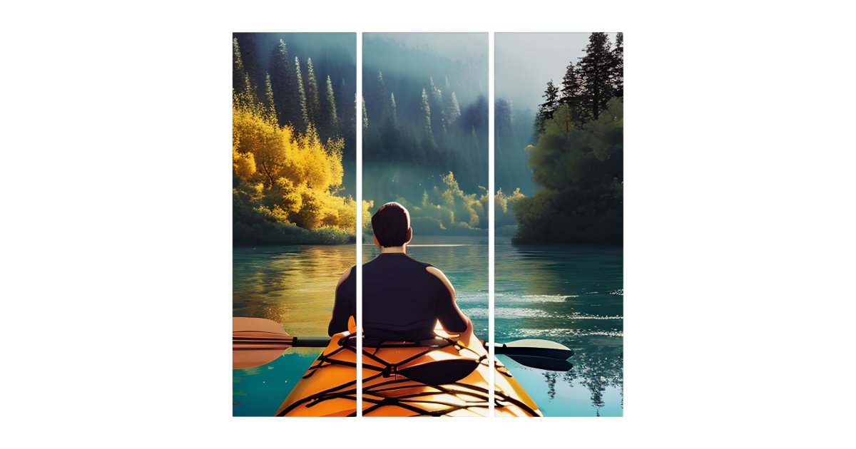 Serene Kayaking Scene | Man in Kayak in Mountains Triptych | Zazzle