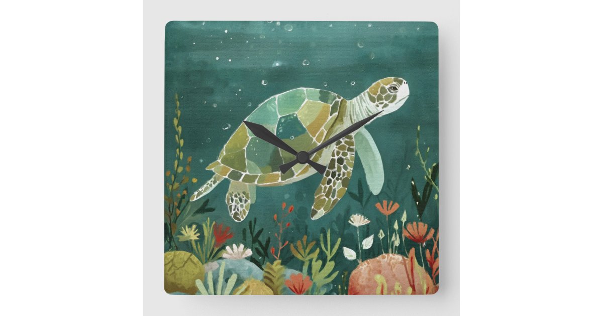 Serene Sea Turtle: Underwater Oasis Square Wall Clock | Zazzle