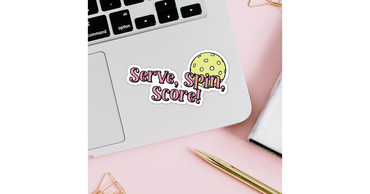 Serve, Spin, Score! | Pink and Yellow Pickleball Sticker | Zazzle