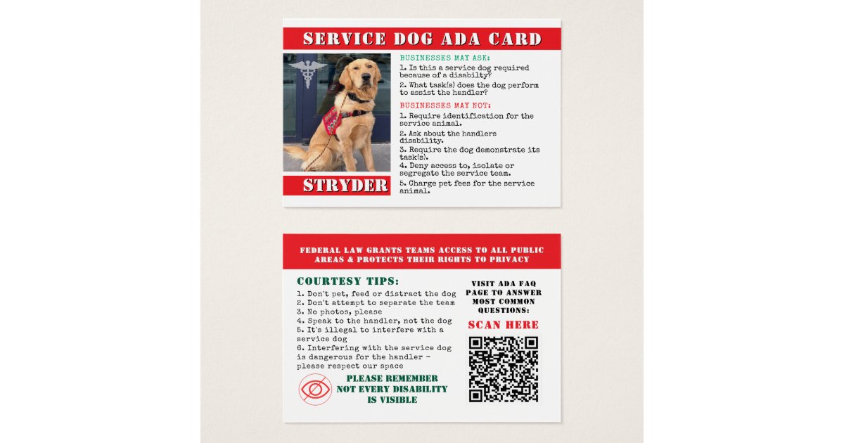 Service Dog ADA Law Cards Red Photo ID Badge | Zazzle