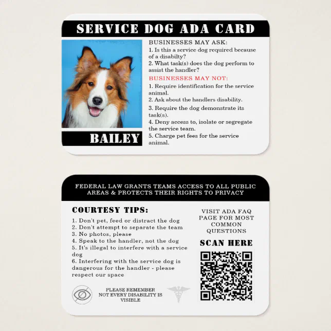 Service Dog Card Photo ID Badge Etiquette ADA | Zazzle