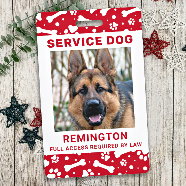 Service Dog ID Personalized Red Paw Prints Photo Badge | Zazzle